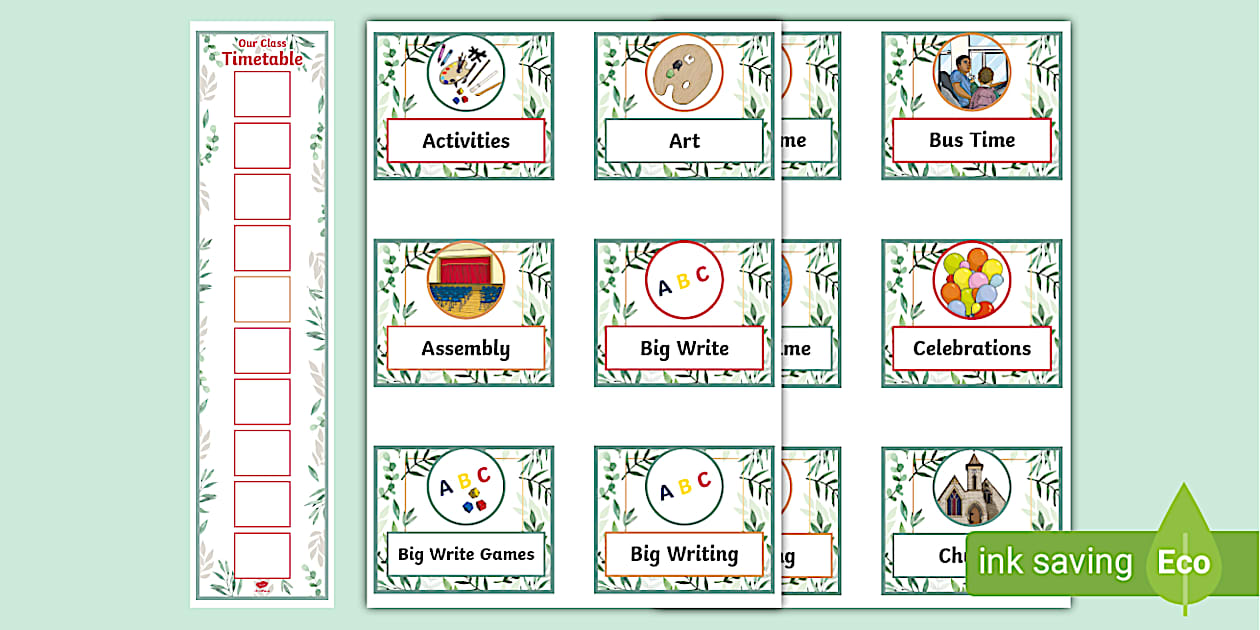 Botanical Themed Timetable with cards (teacher made)