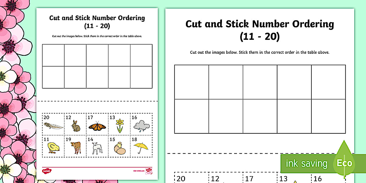 Springtime Themed Cut and Stick Number Ordering Sheets 11-20 - number