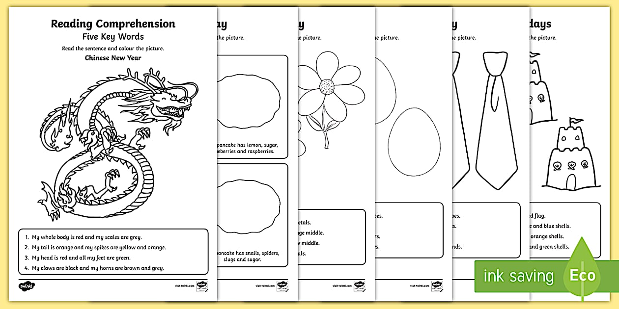 Editable Five Key Words Reading Comprehension Worksheets Set 1