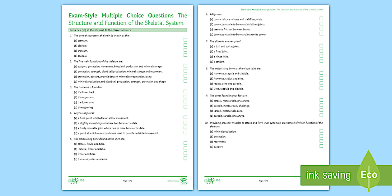 GCSE PE Exam Questions: The Skeletal System (Teacher-Made)