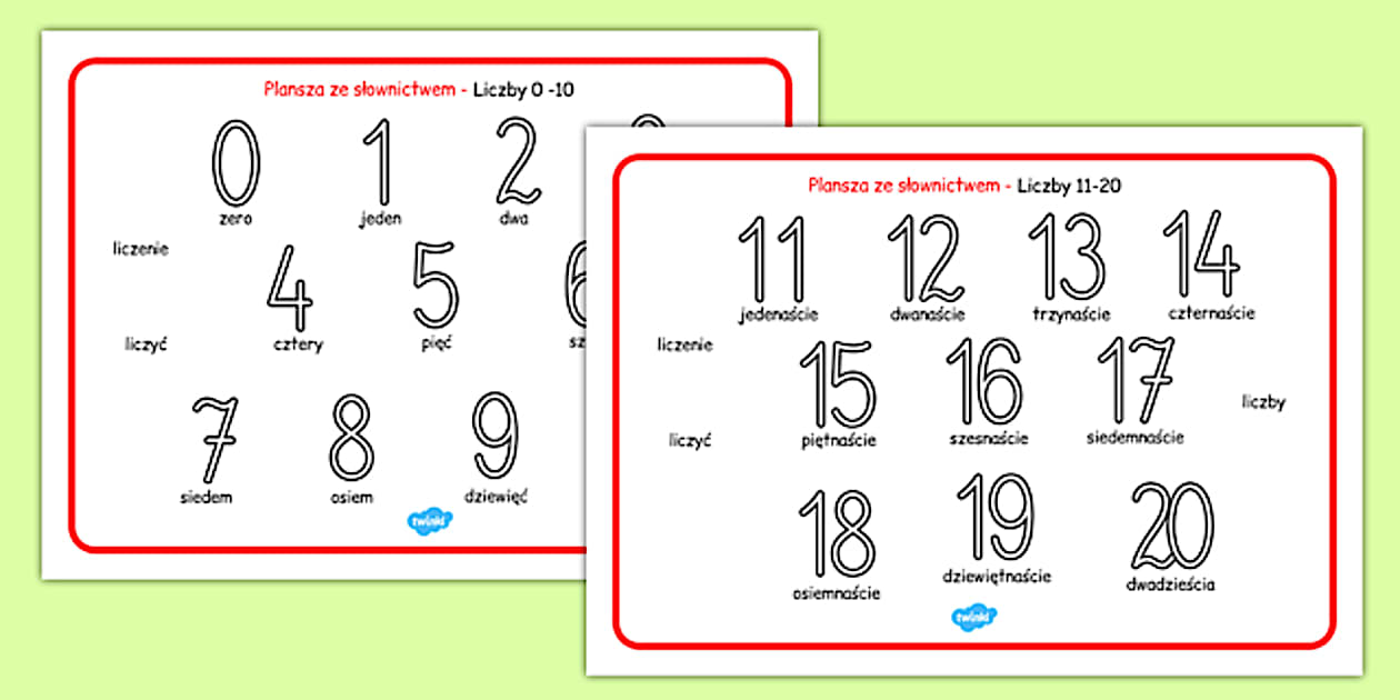 Plansza Liczby z zapisem słownym 0-20 po polsku - początkowe