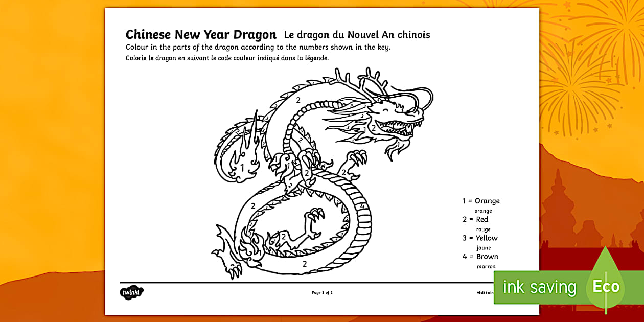 Chinese Dragon Number Colouring Page English/French - Chinese Dragon Number