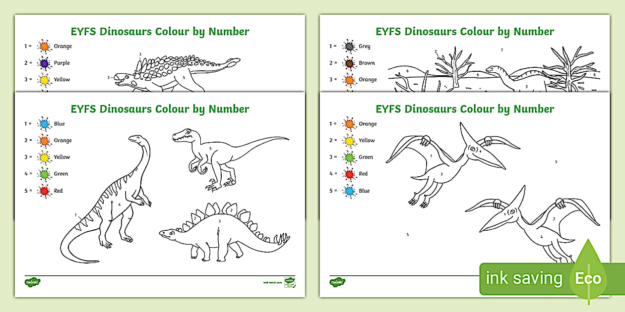 EYFS Dinosaurs Colour by Number Activity Sheets | Twinkl