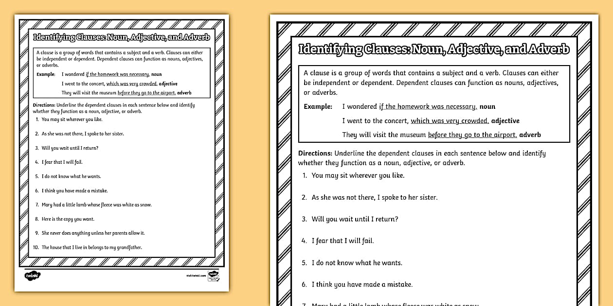 Identifying Types of Clauses Worksheet for 6th-8th Grade