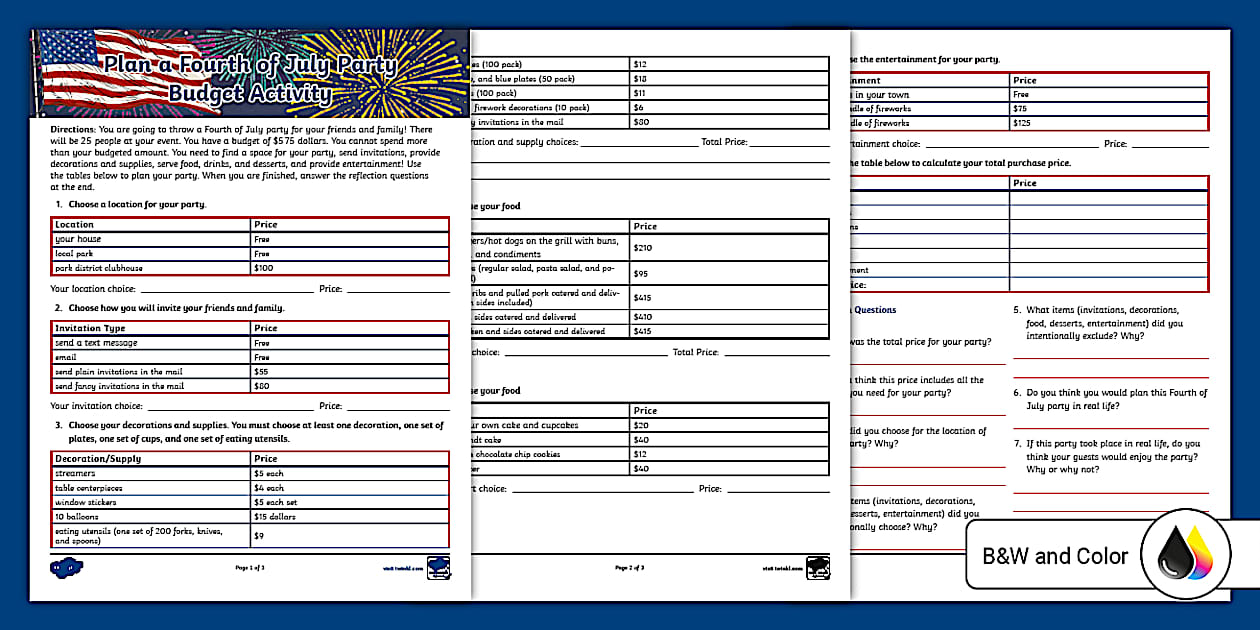 Plan a July Fourth Party Worksheet | 4th of July | Twinkl USA