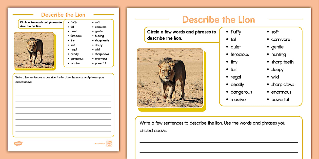 Describe the Lion Worksheet (teacher made) - Twinkl