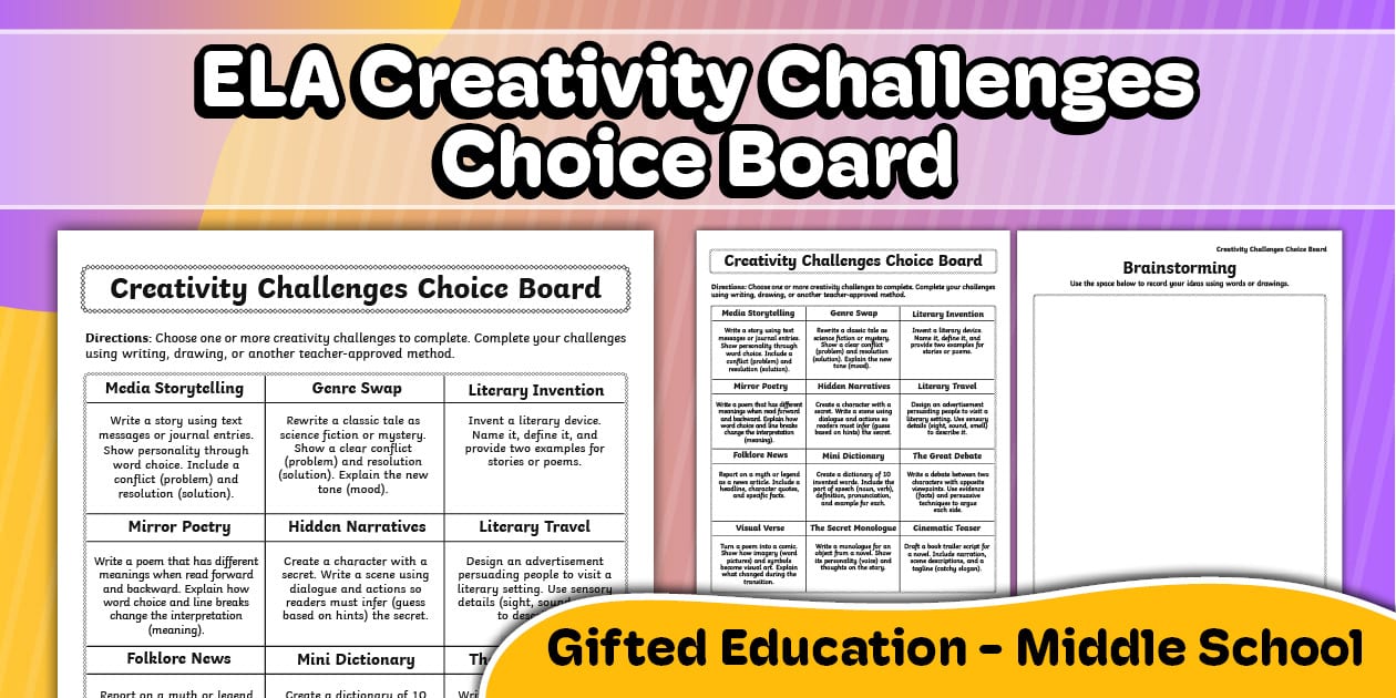ELA Creativity Challenges Choice Board for Gifted