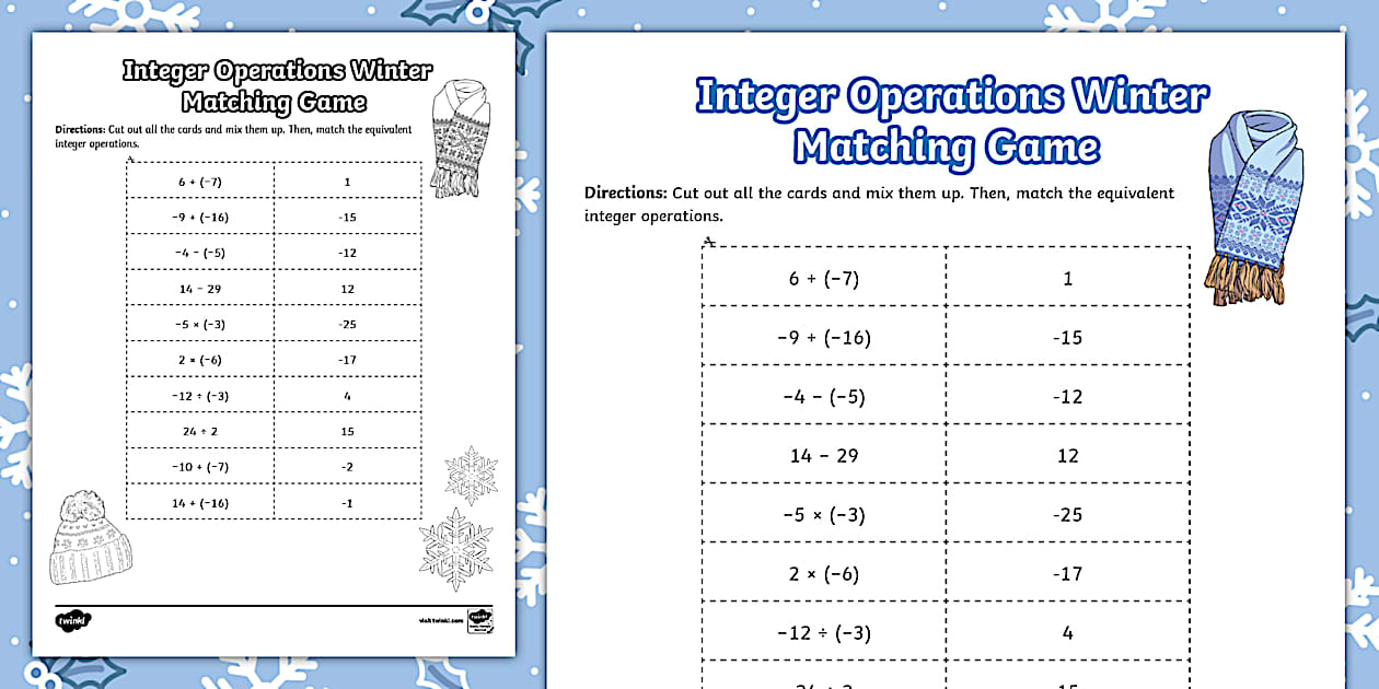 Seventh Grade Integer Operations Winter Matching Game