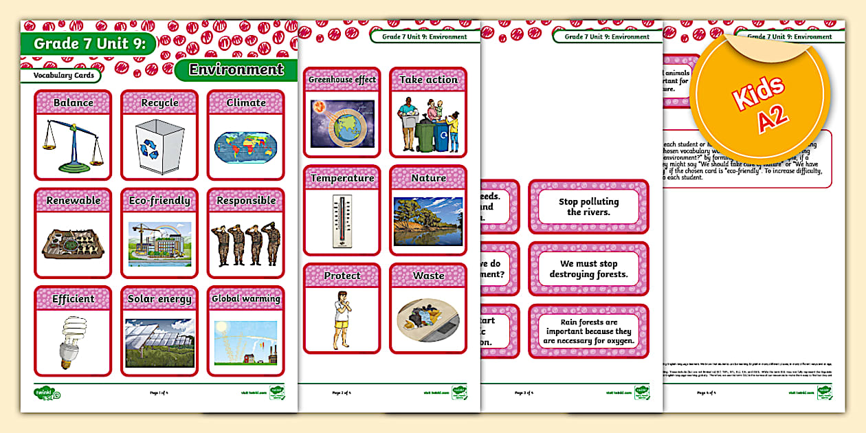 Grade 7 Unit 9 Flashcards - Environment (teacher made)