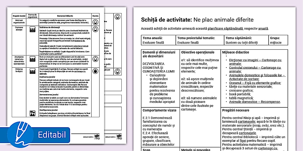 Ne plac animale diferite Schiță de activitate grupa mijlocie