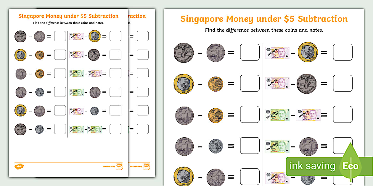 Singapore Money under $5 Subtraction Worksheets - Twinkl