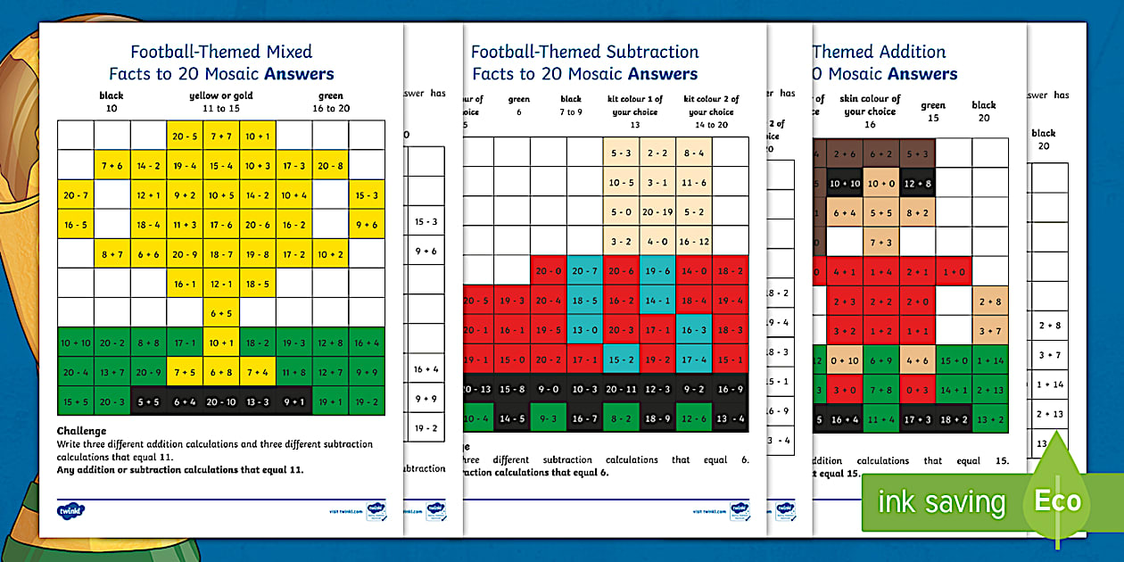 KS1 Football Themed Addition and Subtraction Facts up to 20 Maths Mosaic