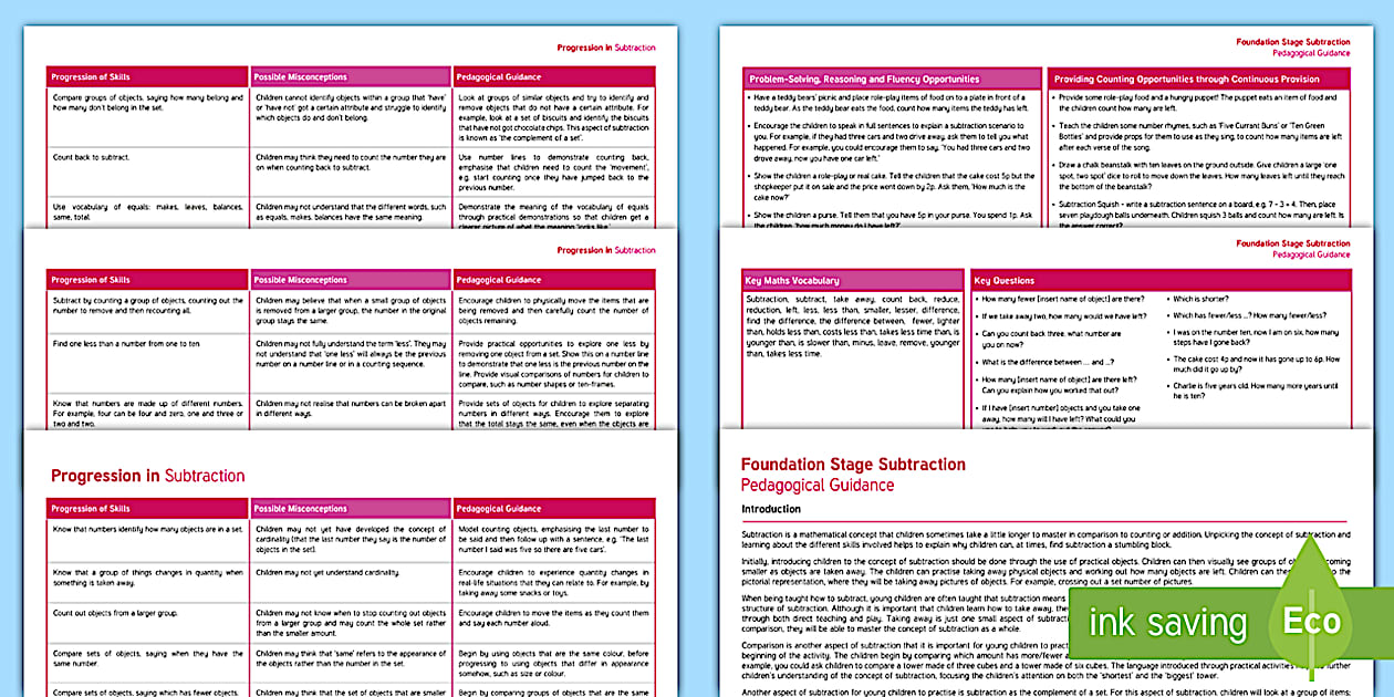 EYFS Maths: Subtraction Skills Progression and Pedagogical Guidance ...