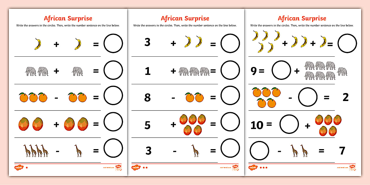 African Surprise Addition and Subtraction Worksheets