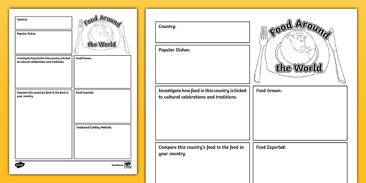 Food Around the World Research Worksheet for 3rd-5th Grade