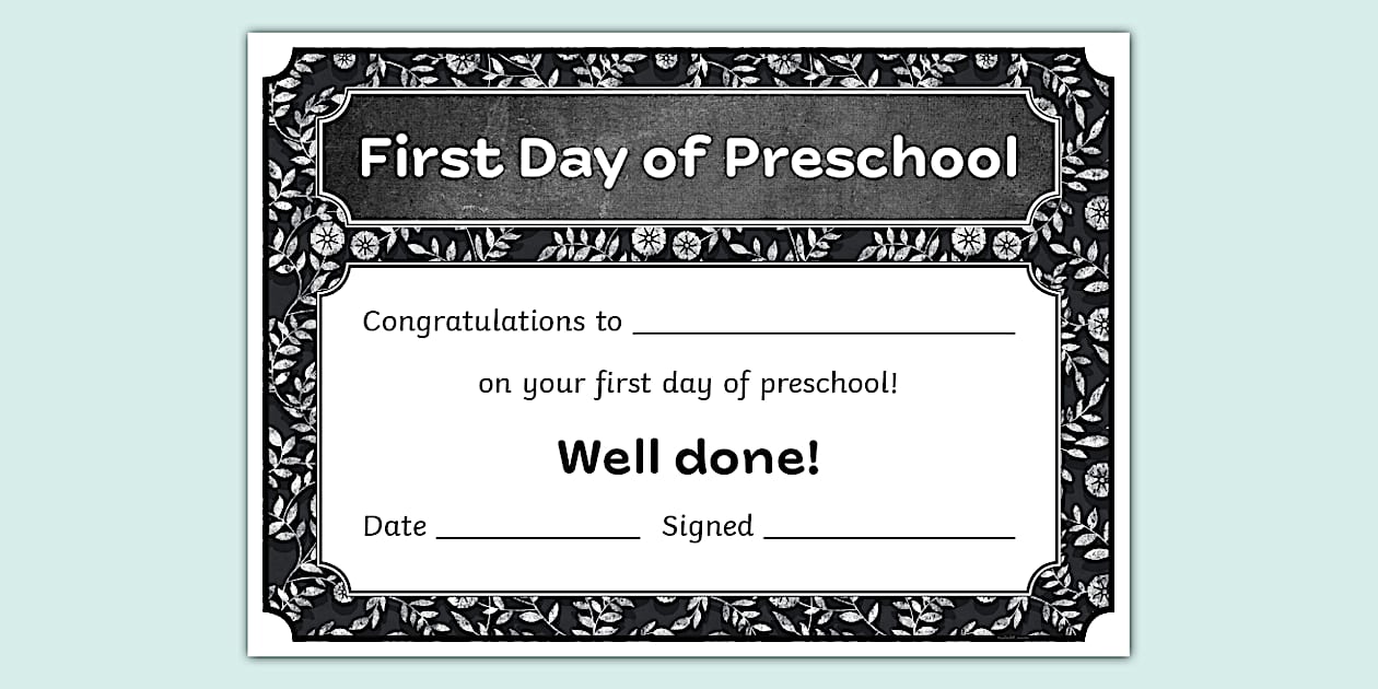 Chalkboard-Themed First Day of Preschool Certificate