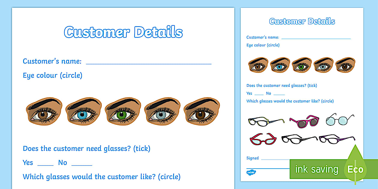 Black and White Opticians Role Play Customer Details Form