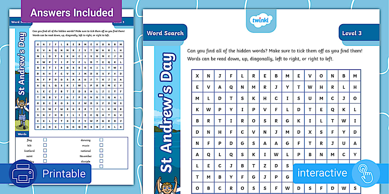 St Andrew's Day Word Search - L3 Difficulty - Twinkl