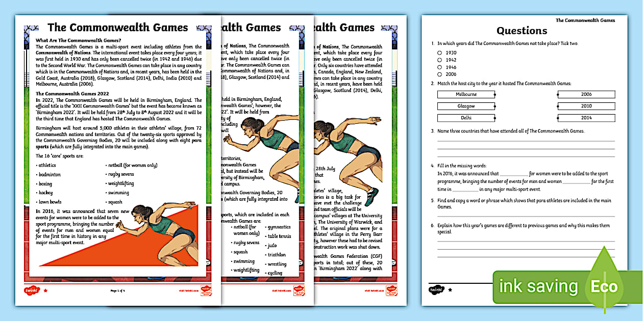 UKS2 Commonwealth Games Differentiated Reading Comprehension Activity