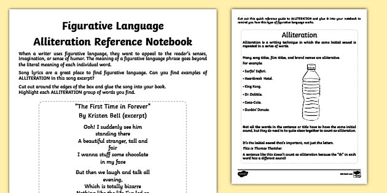 Figurative Language and Alliteration in a Song Worksheet for 3rd-5th Grade