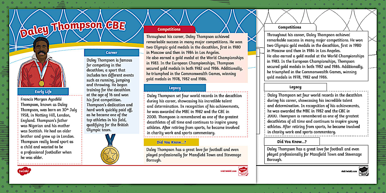 Daley Thompson Athlete Fact File (Teacher-Made) - Twinkl