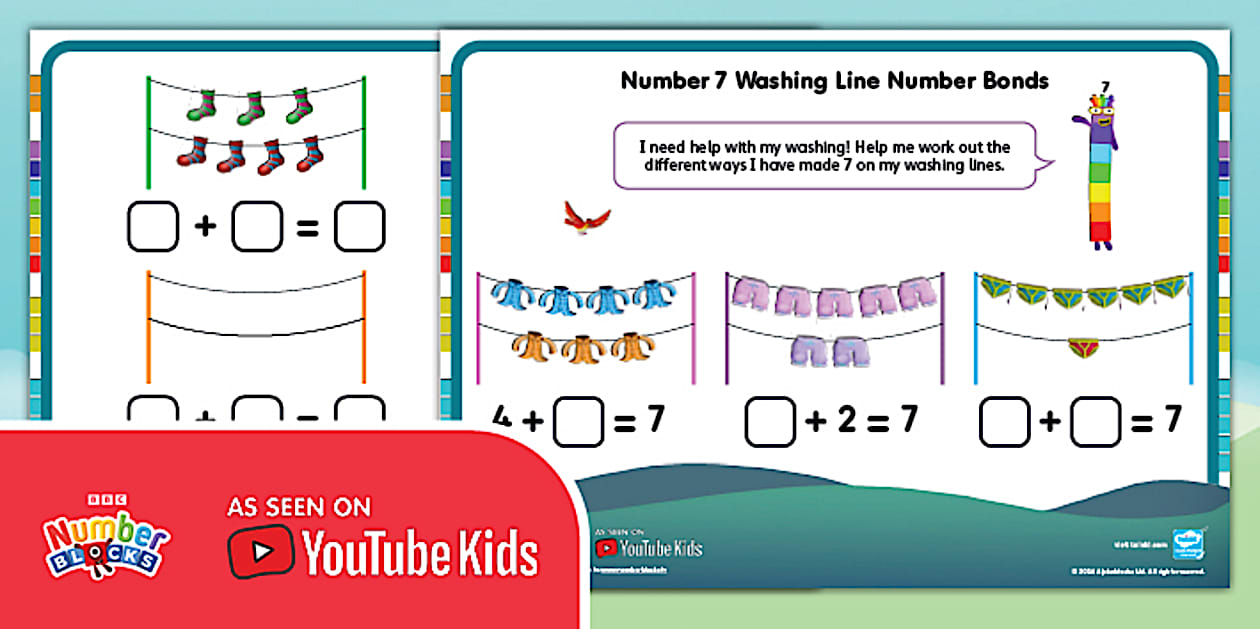 Numberblocks: Number 7 Washing Line Number Bonds Worksheet