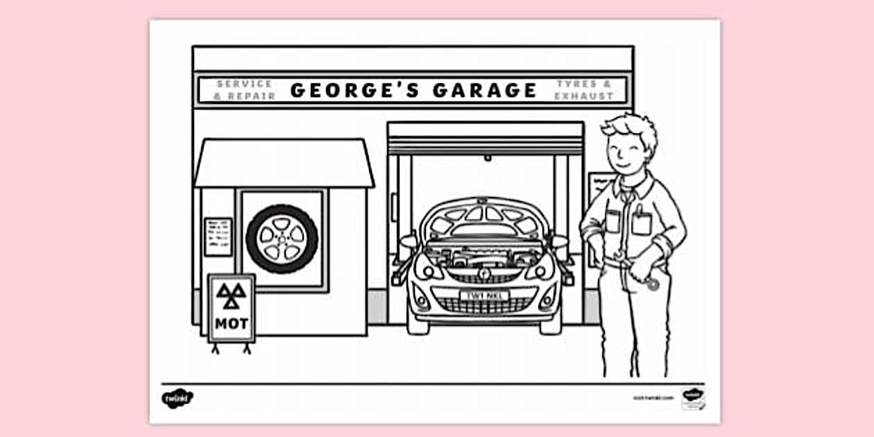 Mechanic Outside Garage Colouring | Colouring Sheets