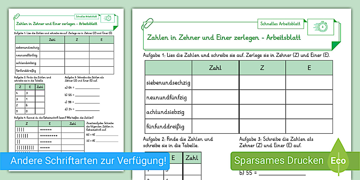 Zahlen in Zehner und Einer zerlegen - Arbeitsblatt - Twinkl