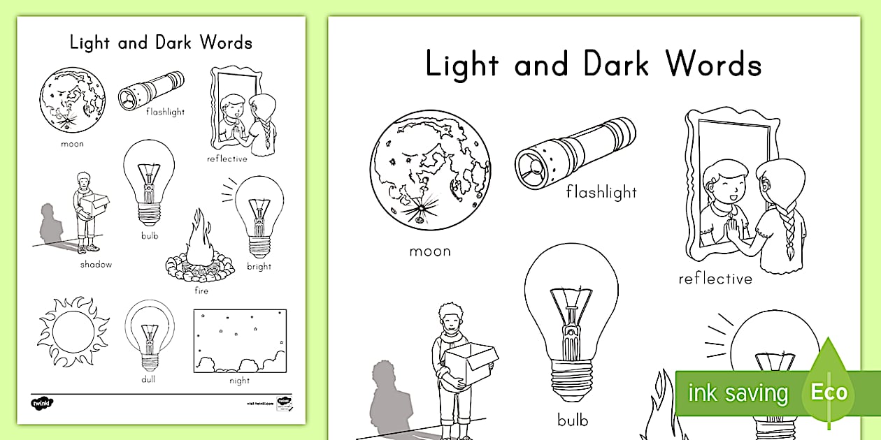 Light and Dark Words Coloring Sheet (Teacher-Made) - Twinkl