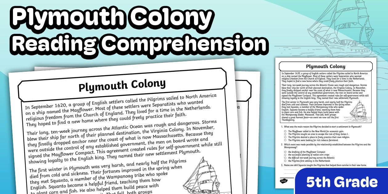 Fifth Grade Plymouth Colony Reading Comprehension Worksheet