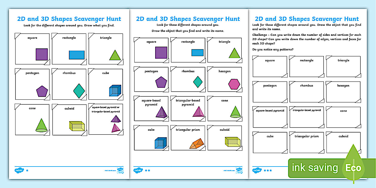 Editable 2D and 3D Shapes Differentiated Scavenger Hunt Worksheets