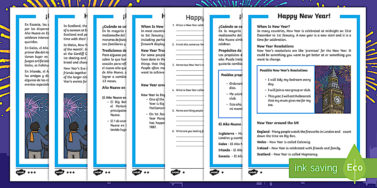New Year Differentiated Reading Comprehension Activity English/Spanish