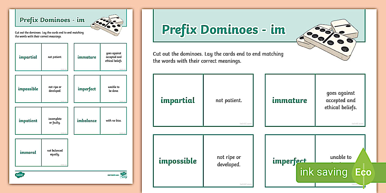 Prefix Dominoes - im (teacher made) - Twinkl