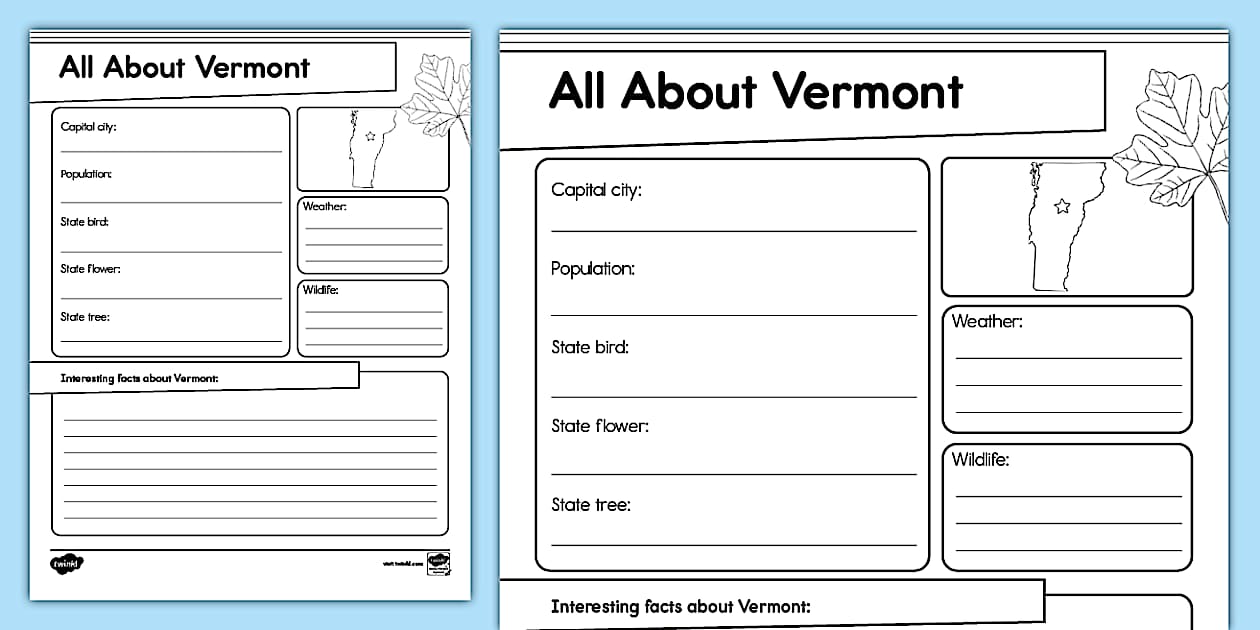 All About Vermont Research Worksheet for K-2nd Grade