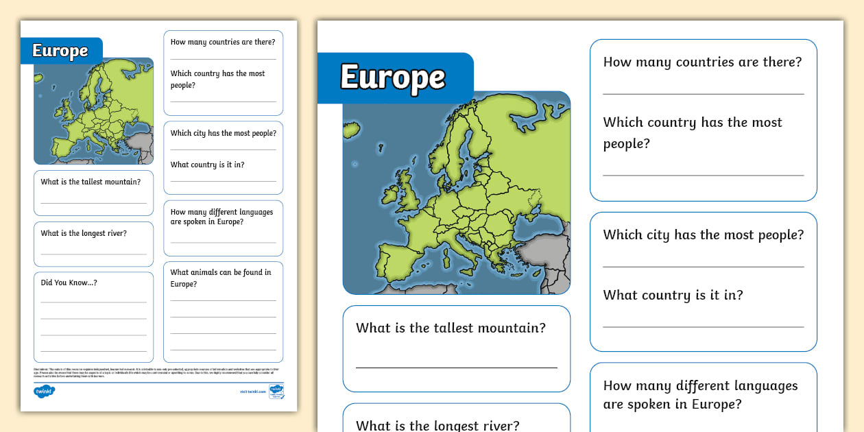 Europe Fact File Template, Continents, European Countries