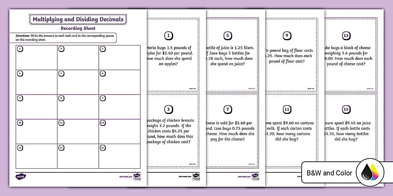 Multiply & Divide Decimals Grocery Store Math Problems Cards
