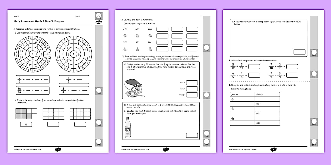 Grade 4 Fractions Test | Term 3 | Twinkl Canada Math