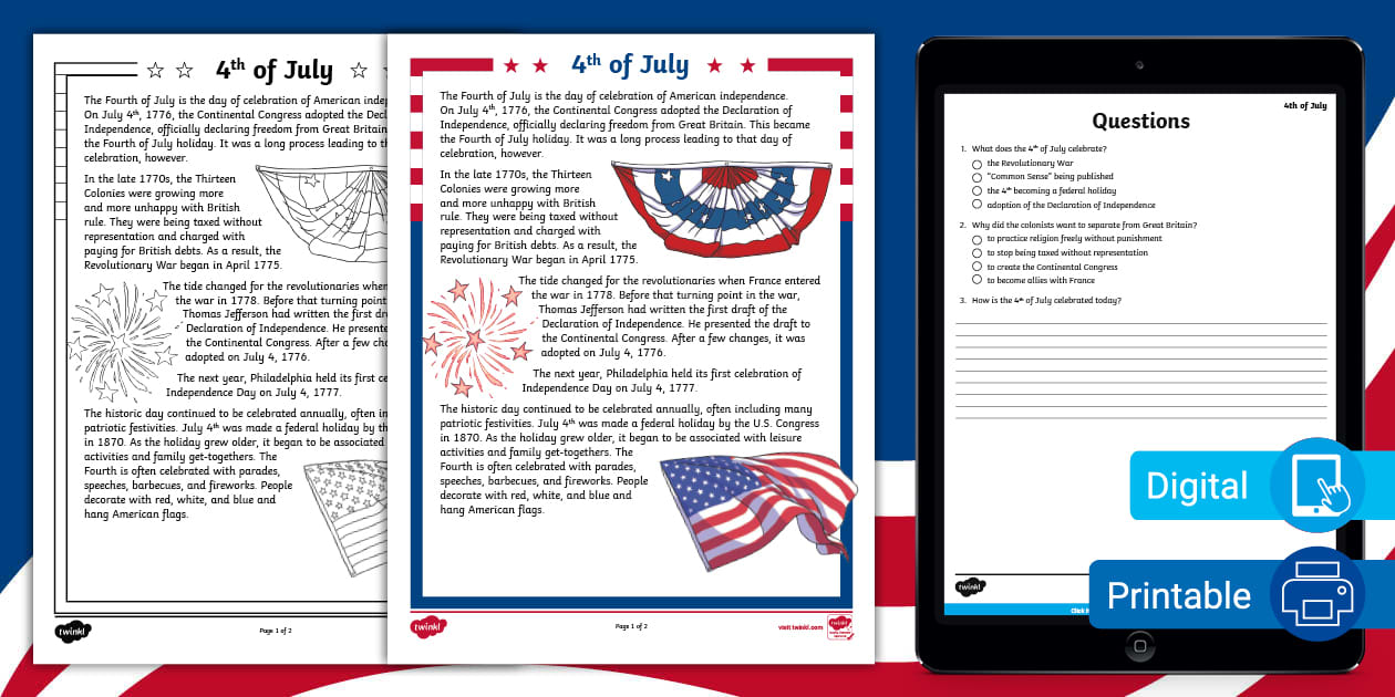 5th Grade 4th of July Reading Comprehension Worksheet