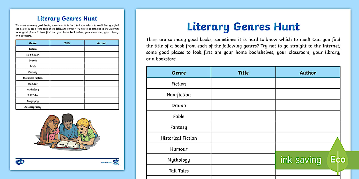 Literary Genres Hunt Worksheet (teacher made) - Twinkl