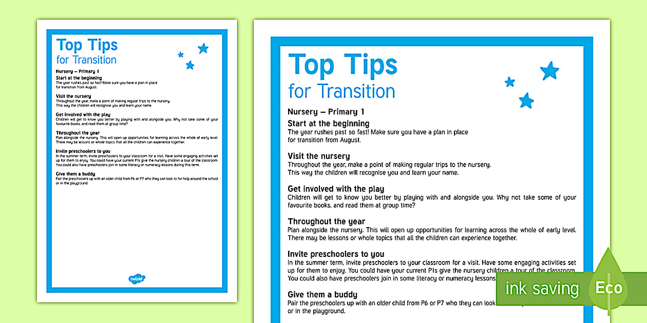 Transition Nursery to Primary 1 Top Tips (teacher made)