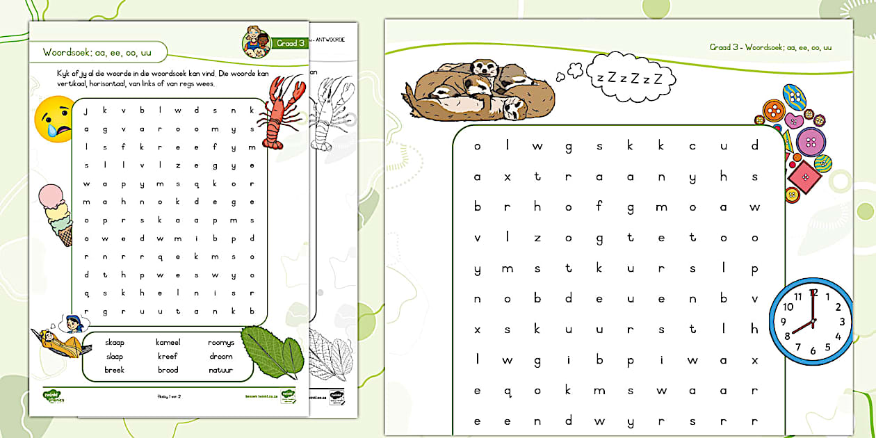 Graad 3 Klanke Woordsoek aa, ee, oo, uu - Twinkl