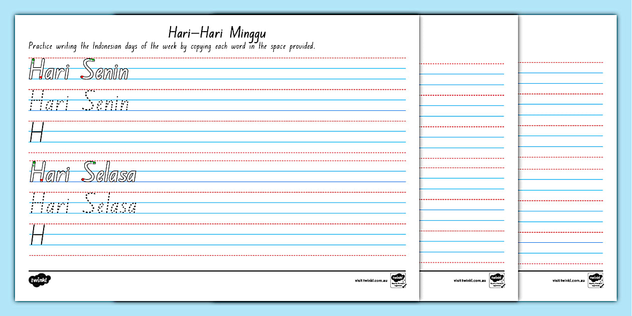 Days of the Week Handwriting Practice Indonesian - Twinkl