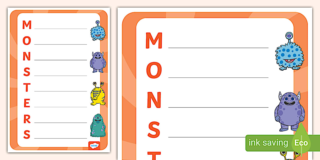 Monsters Acrostic Poem Template (teacher made) - Twinkl