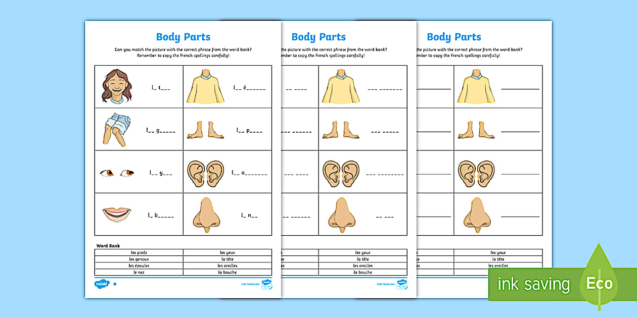 Black and White French My Body Parts Worksheet - Twinkl