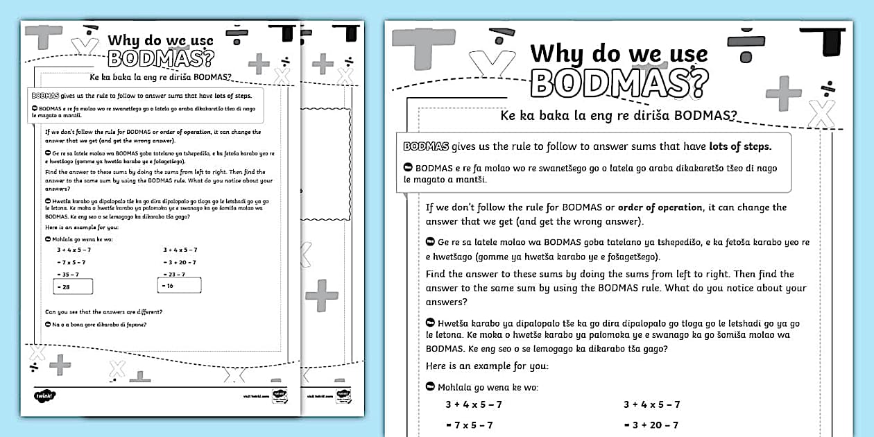 Why do we use BODMAS? Activity Sheet Sepedi - Twinkl