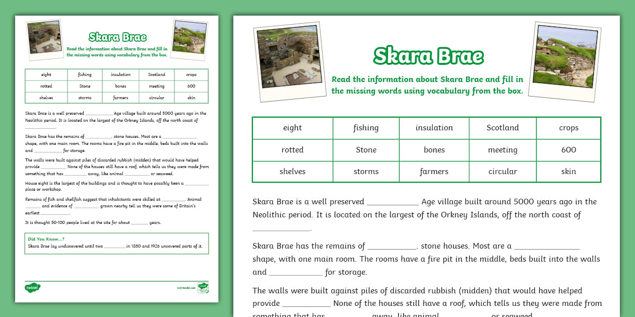 Skara Brae Cloze Worksheet - Twinkl - KS2 (Teacher-Made)