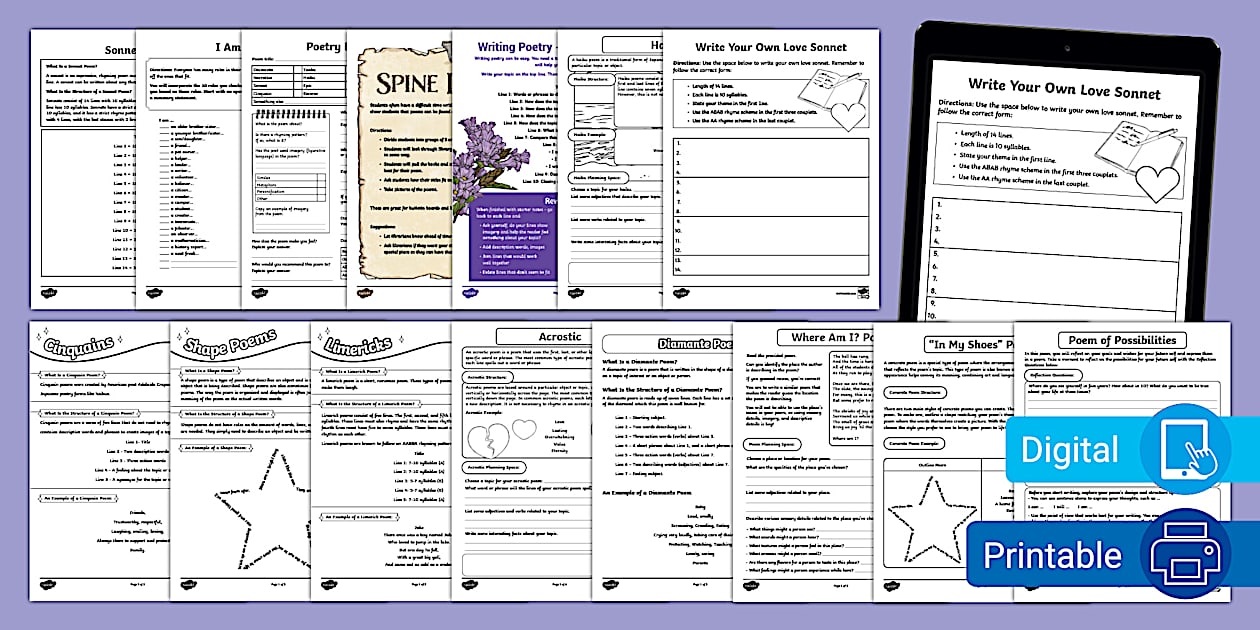 Poetry One-Pager Activity Pack for 6th-8th Grade - Twinkl