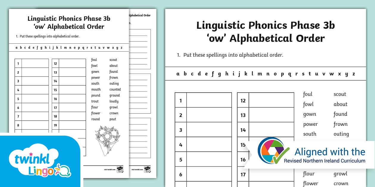 Linguistic Phonics Phase 3b 'ow' Alphabetical Order