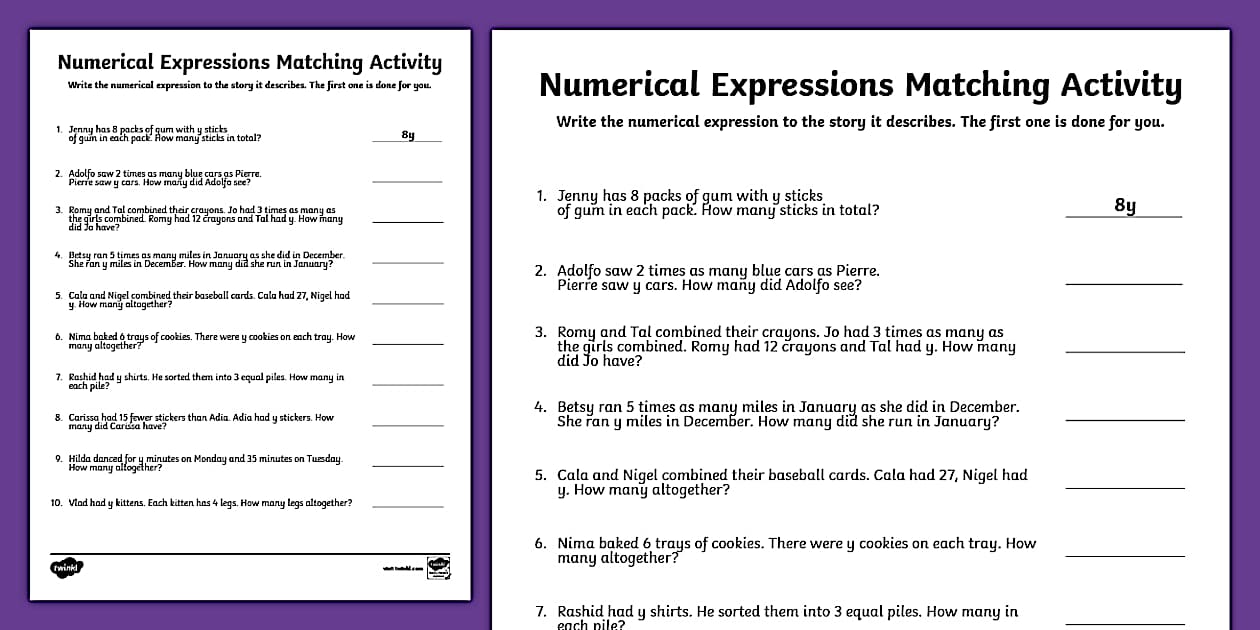 Numerical Expressions Matching Worksheet for 3rd-5th Grade