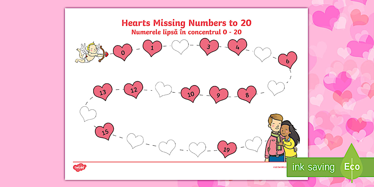 Valentine's Day Hearts Missing Numbers to 20 Worksheet - English/Romanian